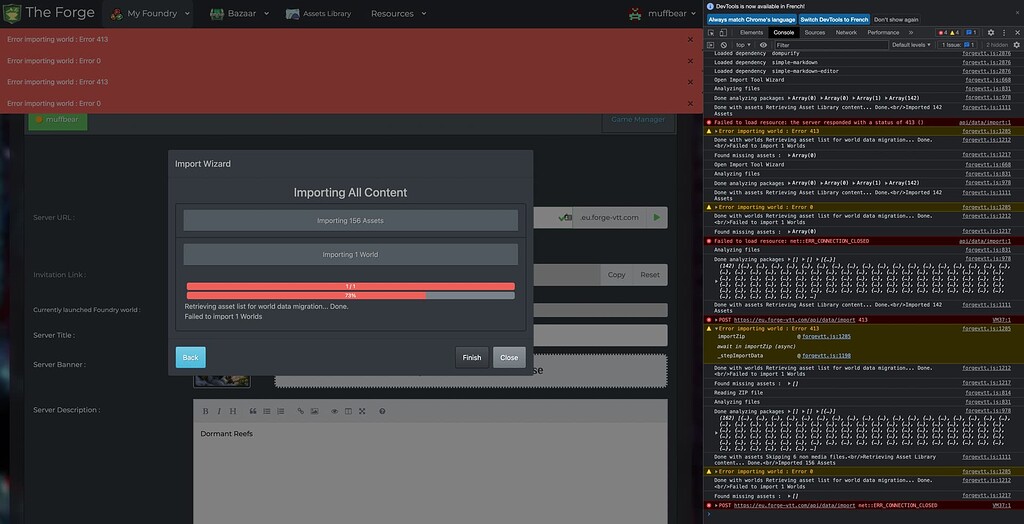 World import is not working : net::ERR_CONNECTION_CLOSED [SOLVED] - Help - The Forge